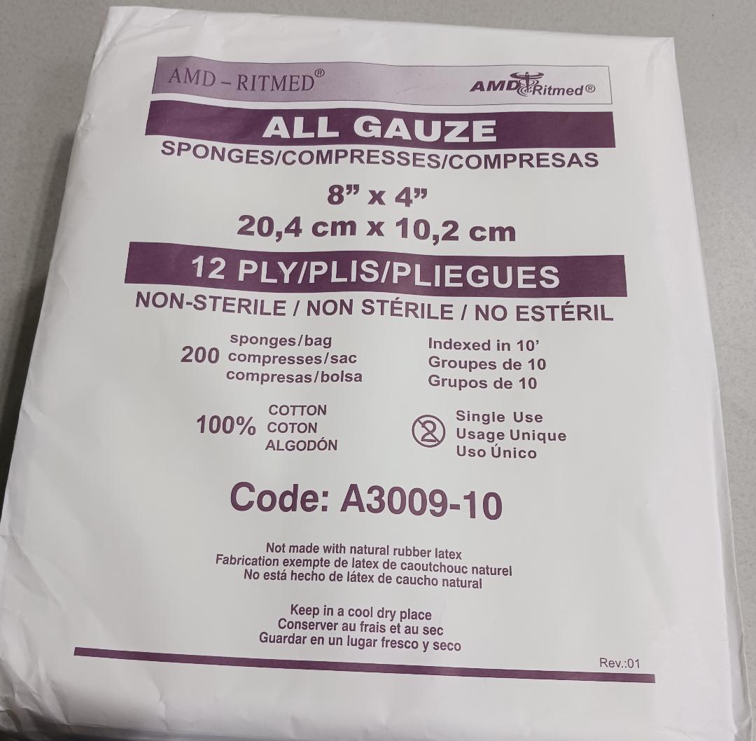 All Gauze Compression Sponges, 100% Cotton, 8" x 4", 12-Ply, Non-Steri ...